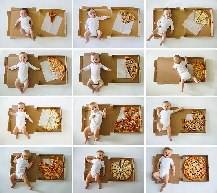 Веселая мама, которая фотографирует «ежемесячную веху» сына, используя пироги с пиццей, является родительской целью 1807_13