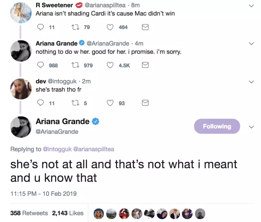 Ariana Grande ٽوئيٽ ڪيو 'ٽريش' جڏهن ڪارڊي بي هڪ گريمي کٽيو 4786_6